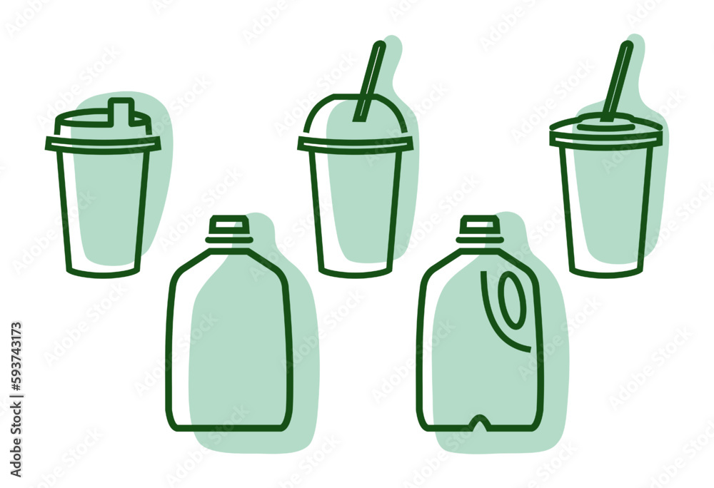 Set of recyclable drink items in green color. Outline pictograms signs ...
