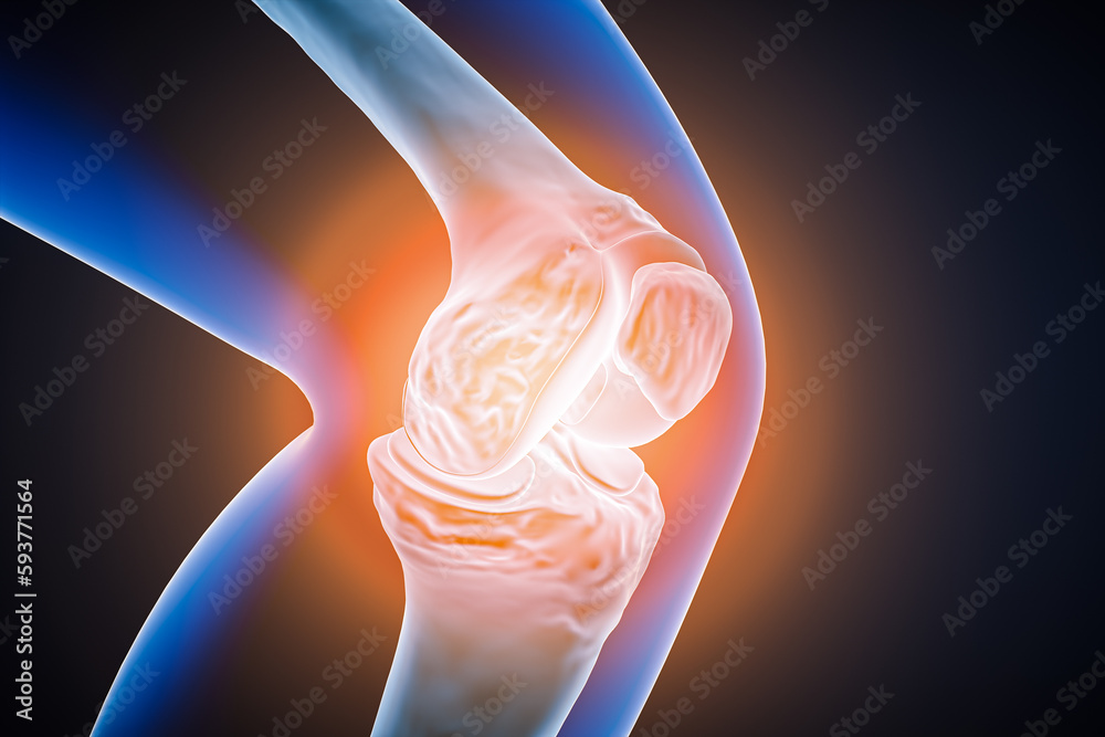 Ilustrace Human knee joint and bones with inflammation, injury or pain ...