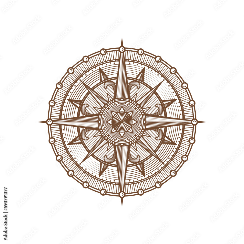 Vintage compass wind rose, medieval nautical navigation sign. Vector ...