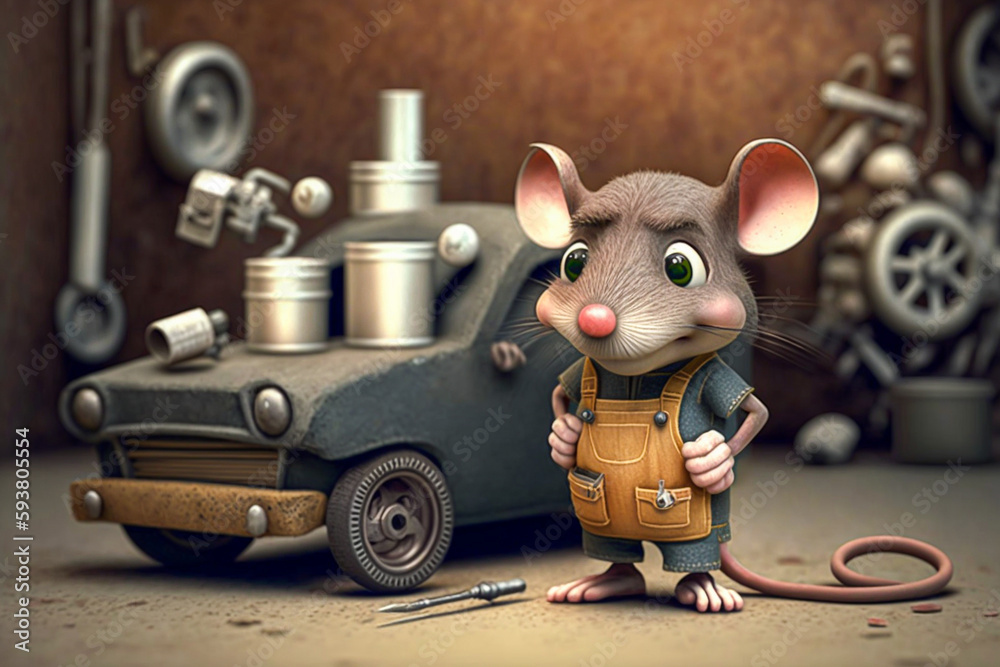 Cute cartoon mouse or rat wearing overalls curiously looking at viewer ...