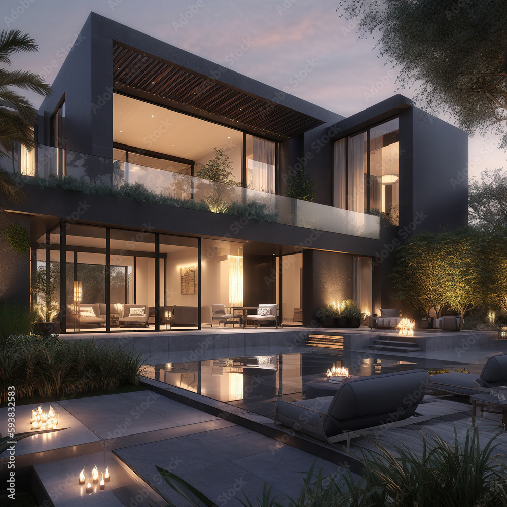 Background image of modern villa residential night view Stock ...