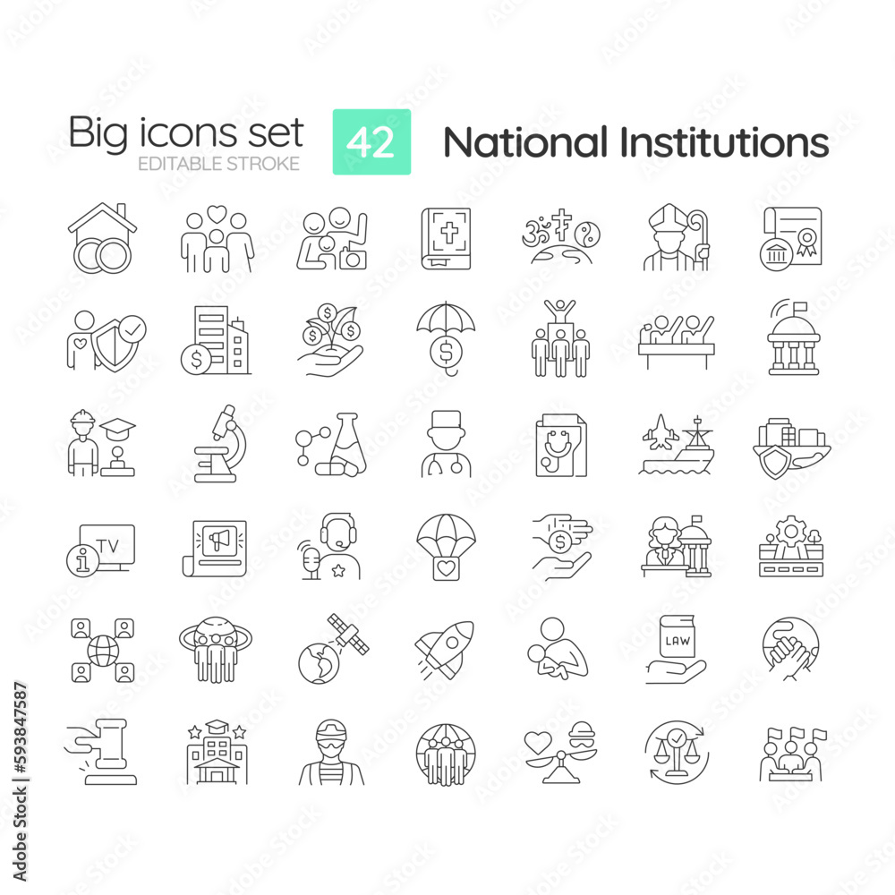 National institutions linear icons set. Patterns of behavior. Social ...
