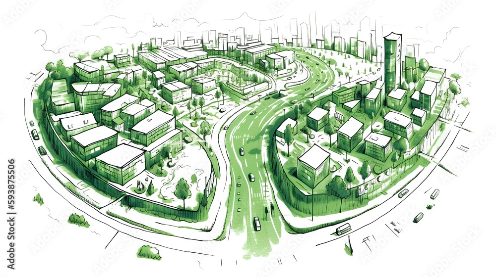 Urban planning sketch highlighting sustainable elements like green ...