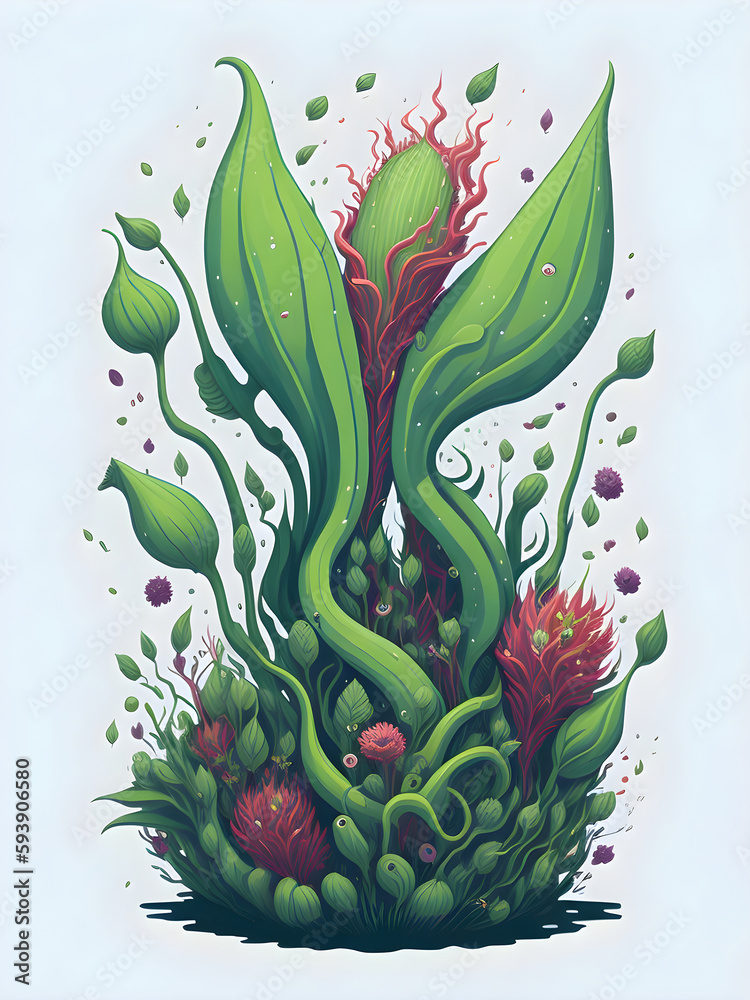 A detailed illustration a print of carnivorous alien plant on white ...