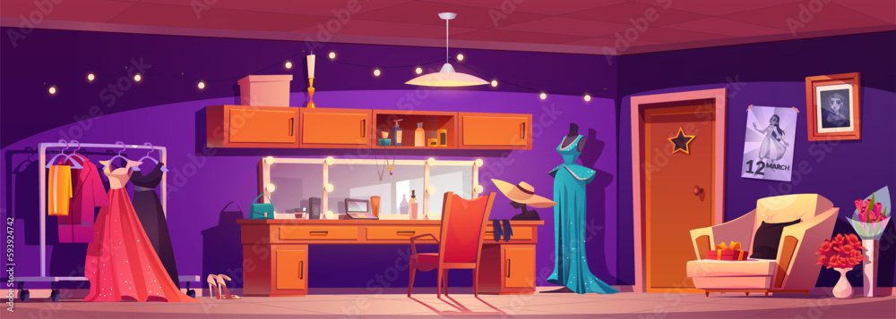 Makeup room for actor dressing with light mirror backstage vector ...