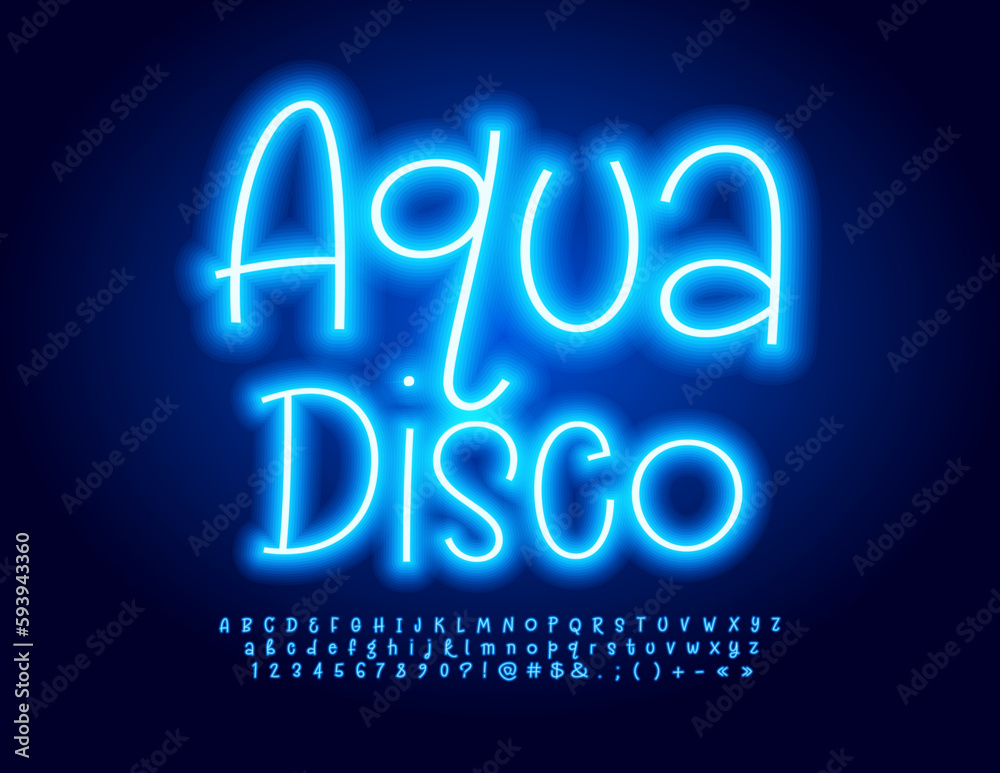 Vector glowing Poster Aqua disco. Blue Neon Font. Funny Alphabet ...