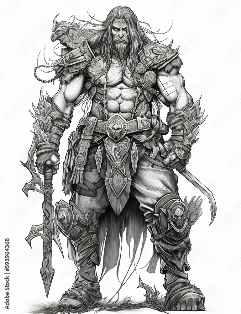 Fantasy character with Asian influences, demon warrior, black white ...