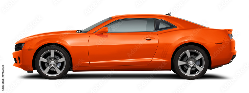 Modern powerful american muscle car in orange color. Side view on a ...