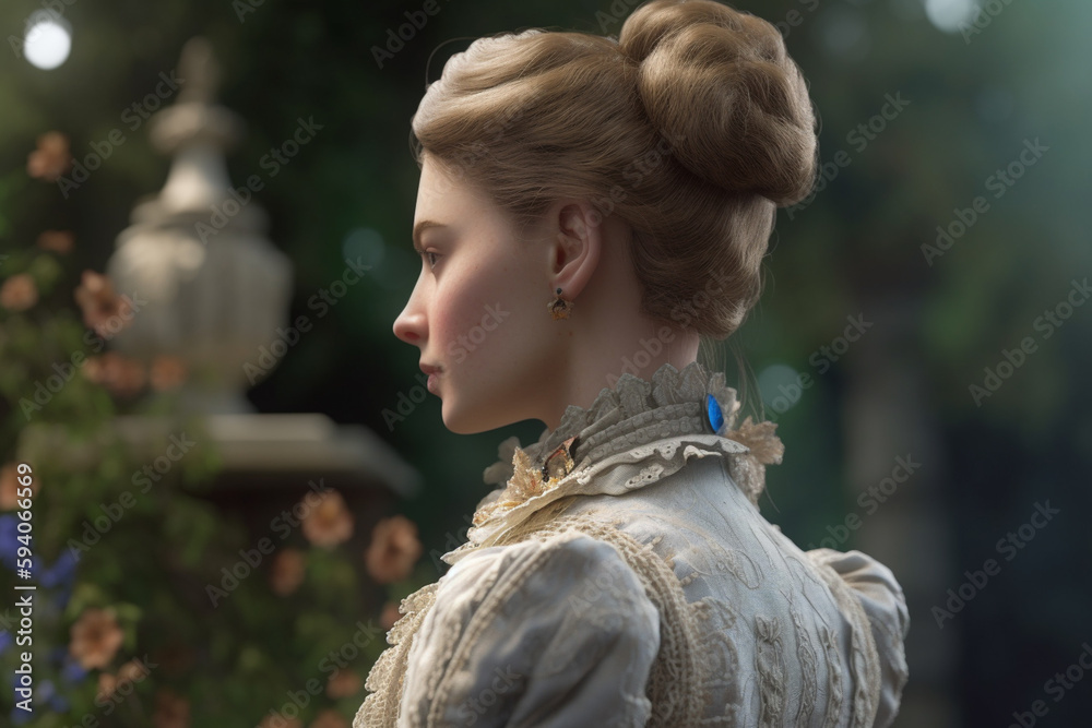 Woman dressed in Victorian era 19th century clothing walk through green ...