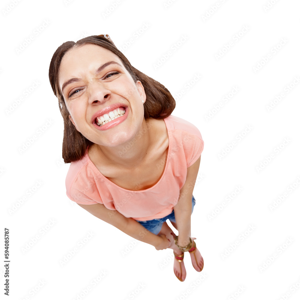 Top view, portrait and woman with smile, funny and goofy girl isolated ...
