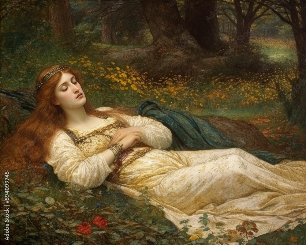 Pre-Raphaelite romantic painting with mythological scenes and portraits ...