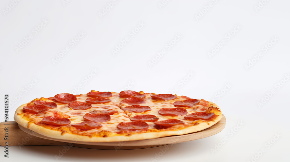 Pepperoni pizza on white table, product photography. Traditional and ...