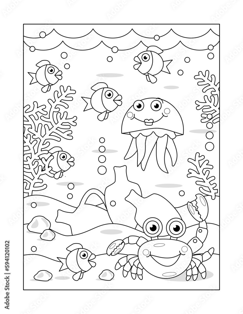 Coloring page with amphorae and underwater scene of sea life Stock ... Coloring page with amphorae and underwater scene of sea life Stock ...
