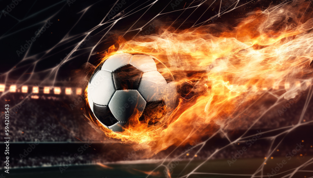 Burning football with fire effect on dark stadium football field ...
