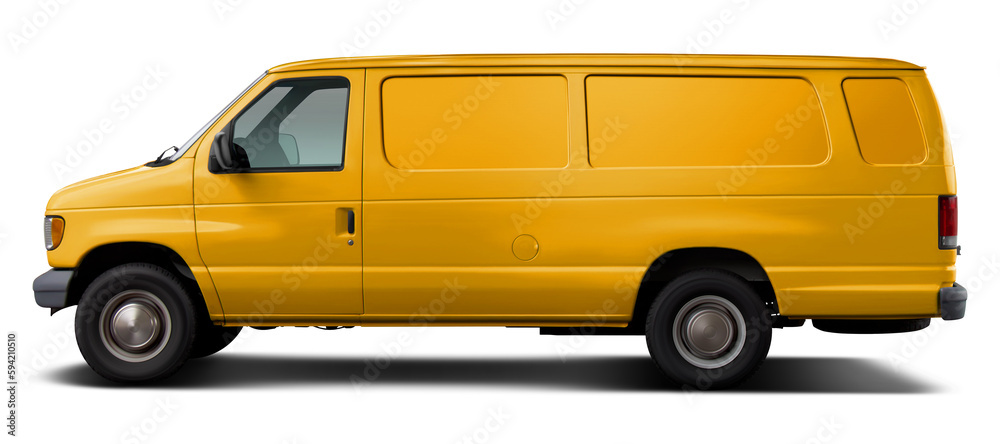 Classic American yellow cargo van. Side view on a transparent ...