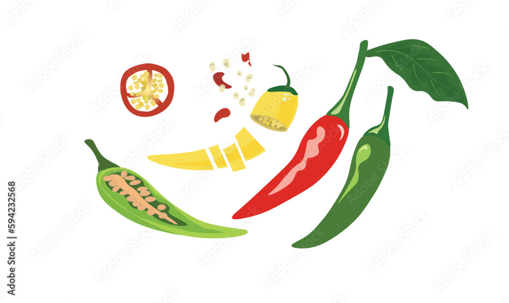 Chilli vector set. Chilli cut in half. Chopped. Chilli spices. rerd ...