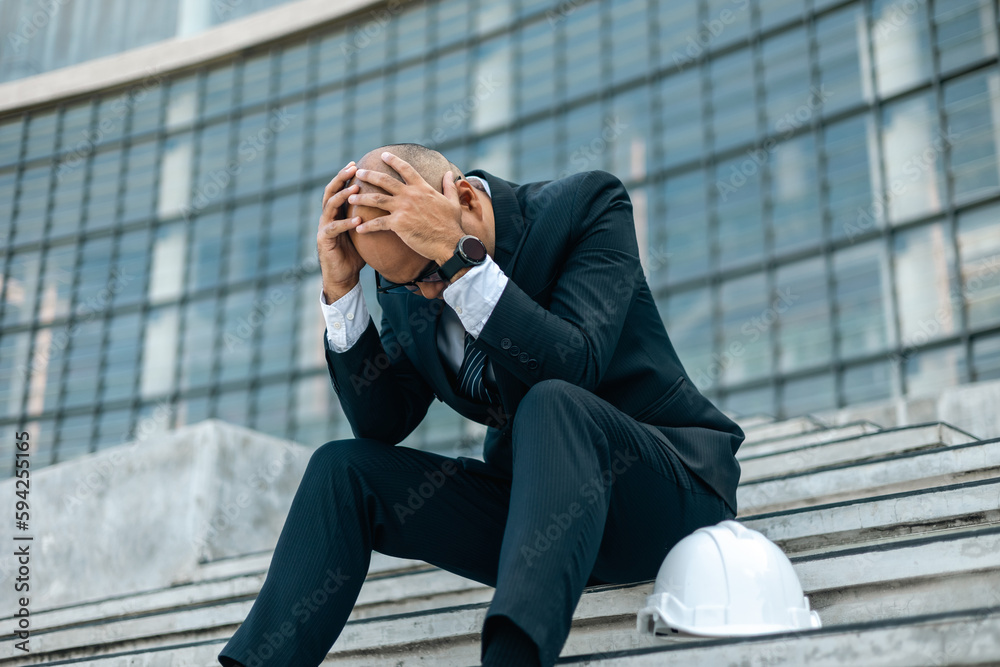 Depressed fail Businessman manager owner real estate. Sitting at stair ...