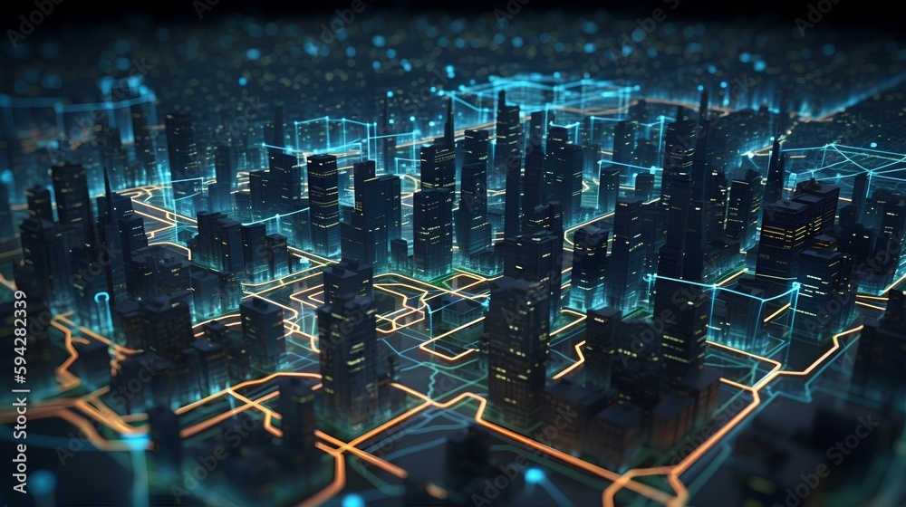 Smart city on a dark blue background, featuring intelligent ...