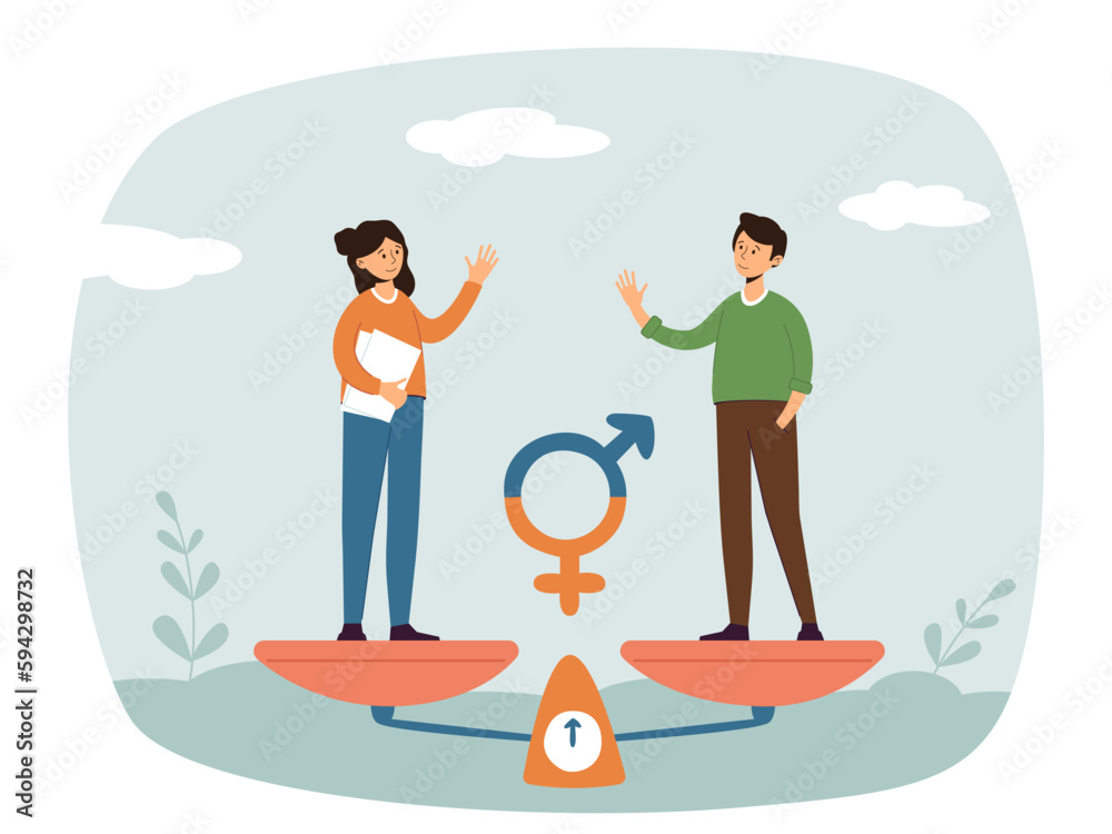 Gender equality concept. Man and woman stand to large scales. Balance ...