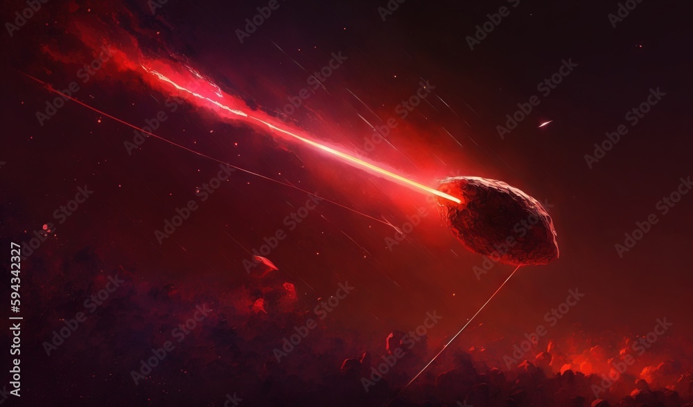 a red object is flying through the air with a red light coming from it ...