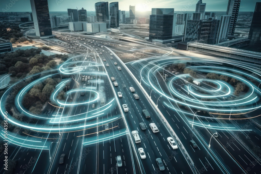 Ilustração Overhead view of roads in a futuristic city with autonomous ...