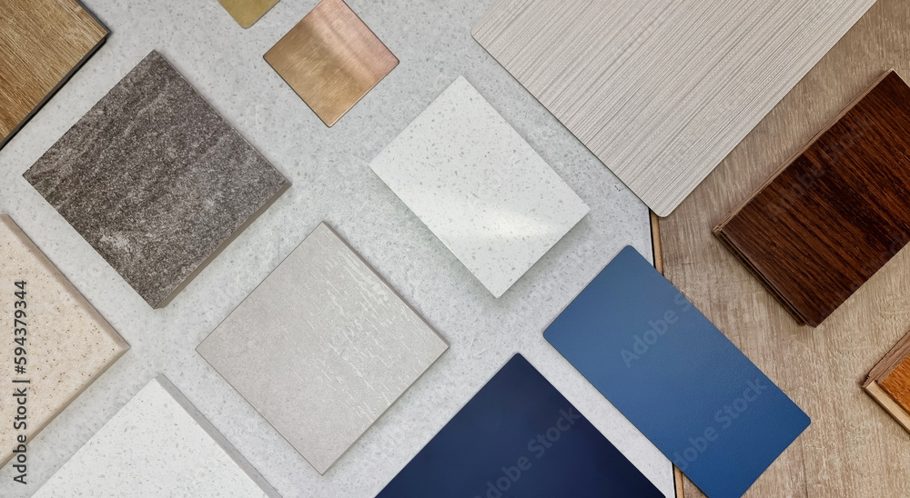 samples of material including blue laminated, stone ceramic tiles ...