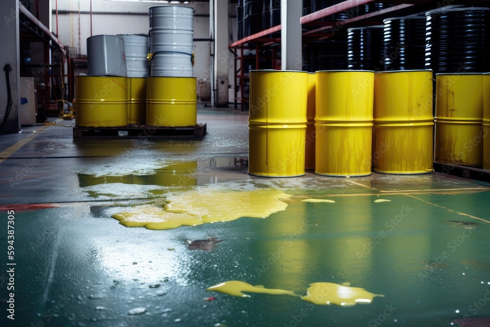 toxic chemical spill in a factory, with hazardous materials spilling ...