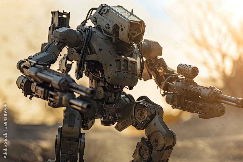 Ilustración de Stock combat robot, armed with machine gun and grenade ...
