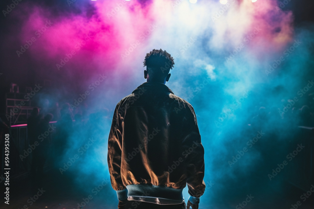 Artist rapper at a music concert on stage singing seen from the back ...