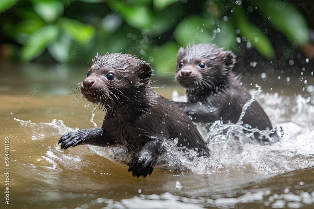 baby otters playing in water, chasing each other and jumping over waves ...