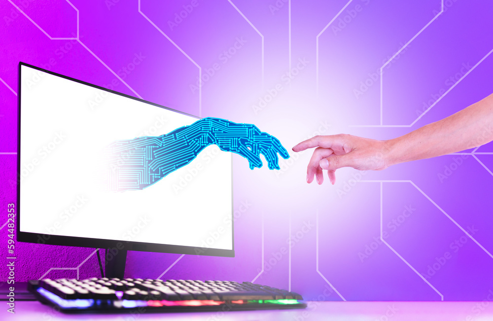 Hand of an intelligent robot coming out of a computer screen recreating the painting "The ...