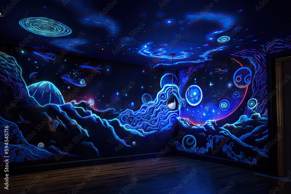 blacklight and uv-reactive mural, depicting the night sky with stars ...