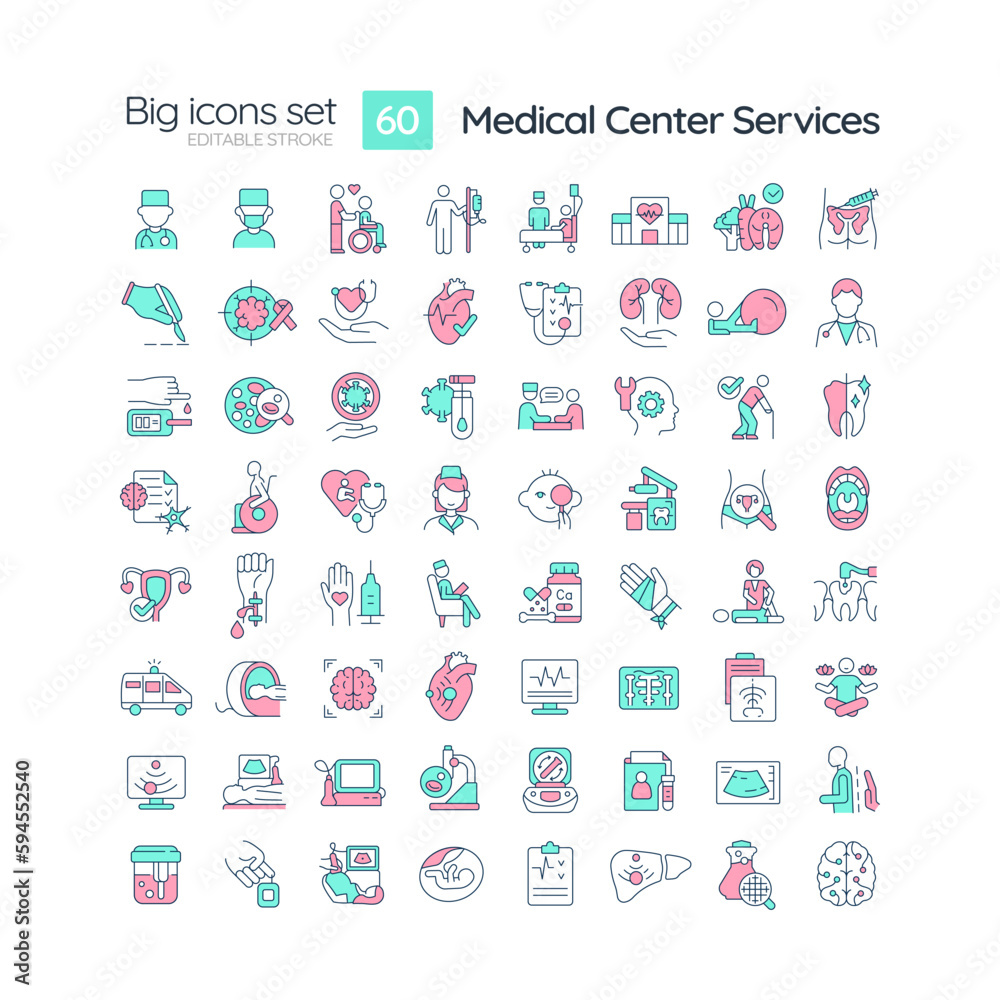 Medical center services RGB color icons set. Primary healthcare. Urgent ...