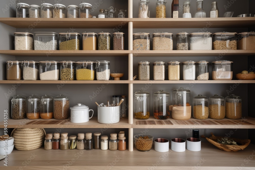 pantry with neat and organized shelves, showcasing cooking essentials ...