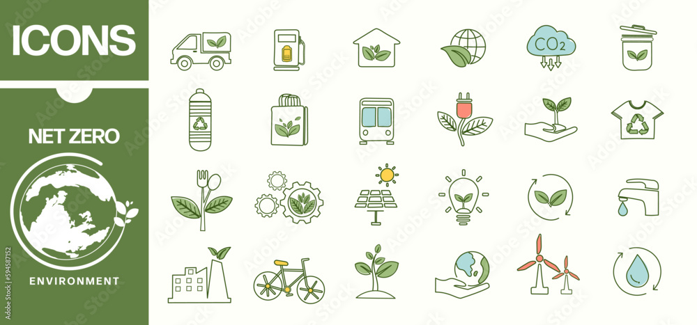 NET ZERO banner icons set, carbon neutral and net zero concept. Net ...
