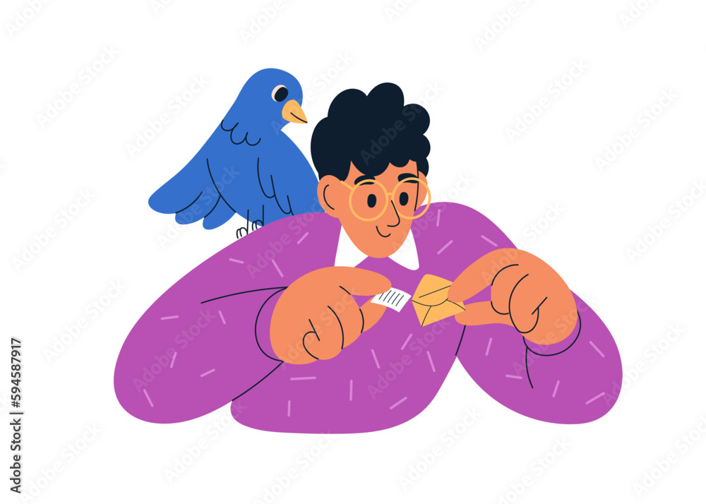 Person sending letter, mail. Post bird and happy man receiving news ...