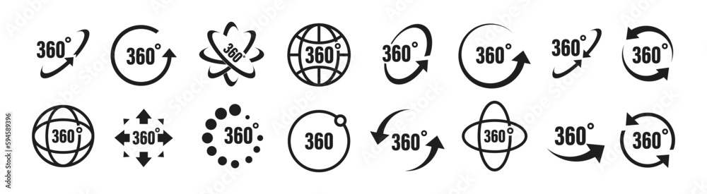 360 degrees vector icon set. Round signs with arrows rotation to 360 ...