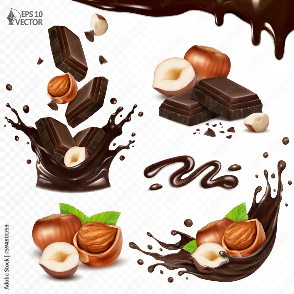 Dark chocolate slices and hazelnut chips falling into a chocolate ...