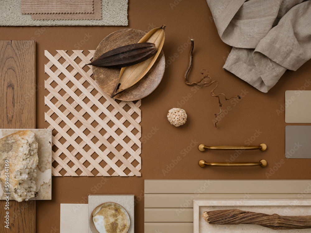 Elegant flat lay composition in brown and beige color palette with ...