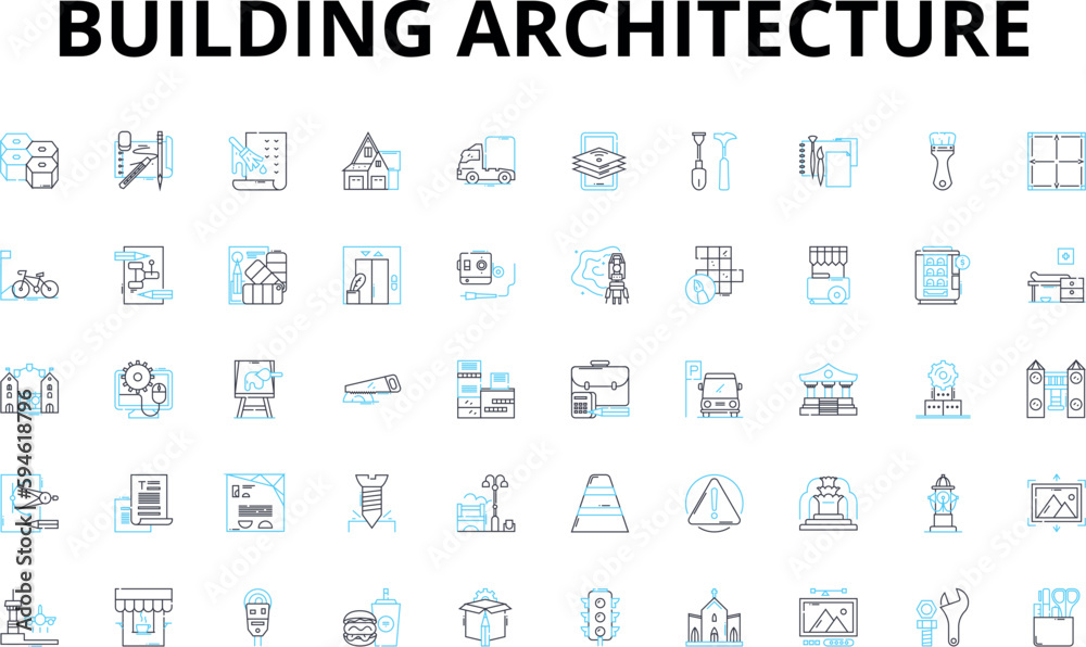 Building architecture linear icons set. Skyscraper, Blueprint, Facade ...