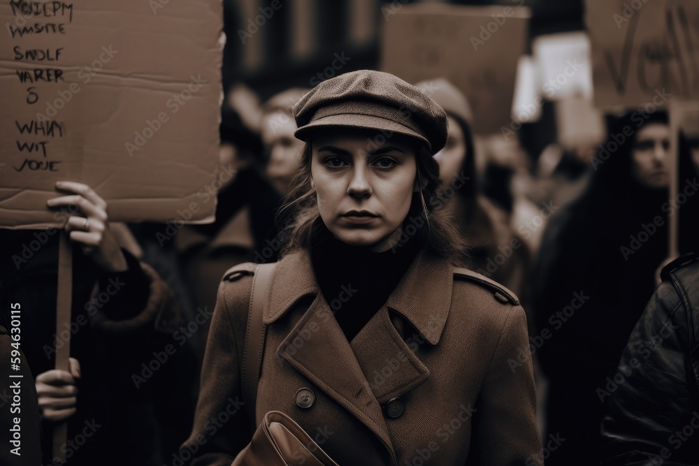 Woman marching in protest with a group of protestors with their fist ...