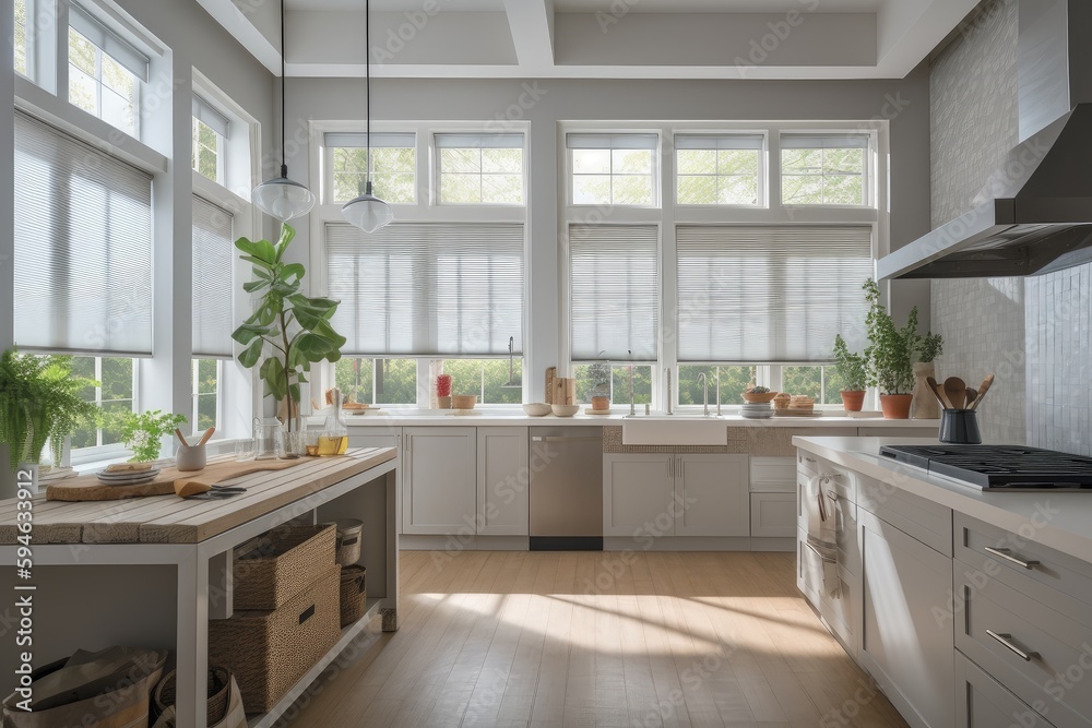 a sunny kitchen, with automated blinds and shades filtering the light ...