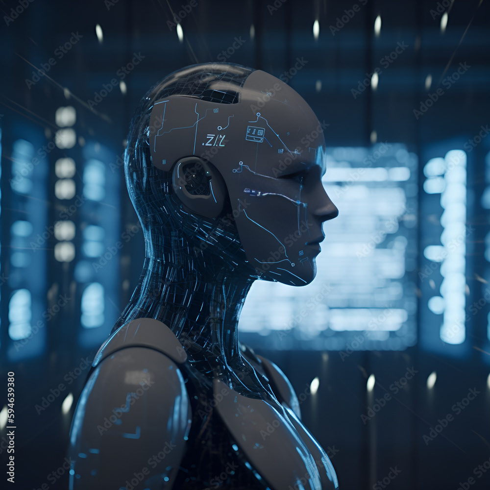 futuristic robot cyborg with data on the metallic skin and wires and ...