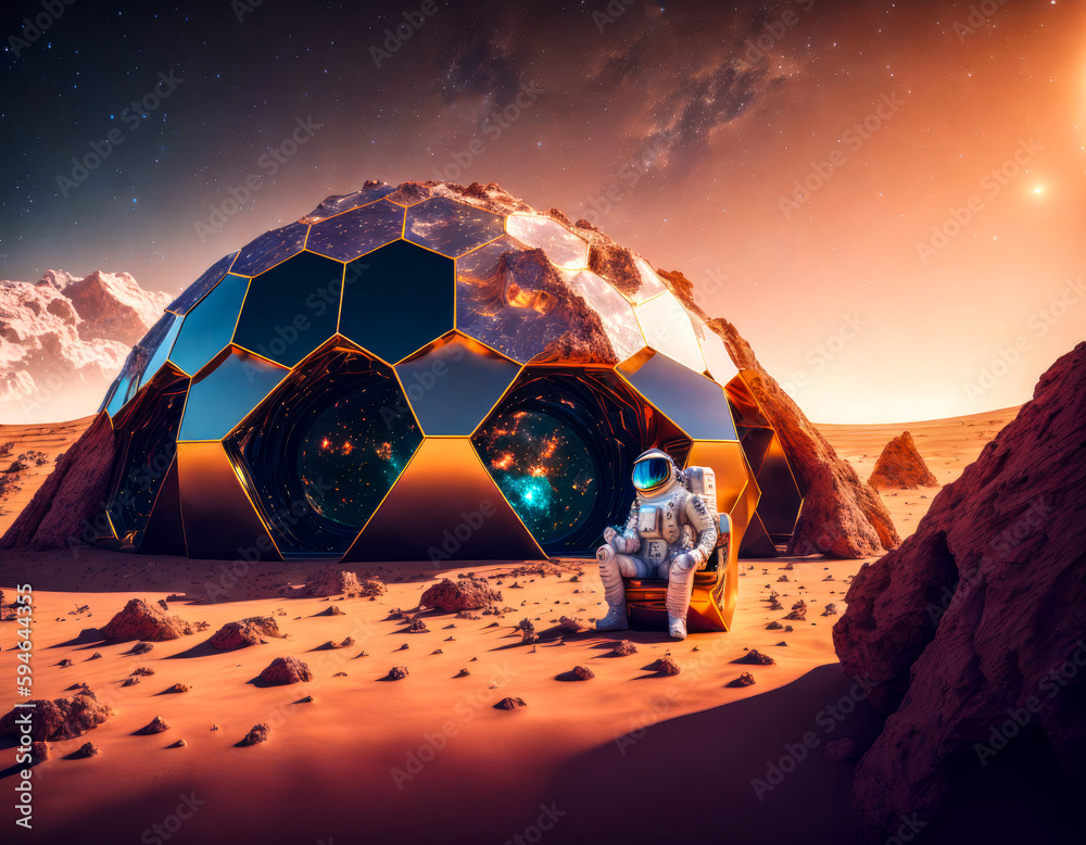 Astronaut, cosmonaut sitting on the surface of a undiscovered planet ...