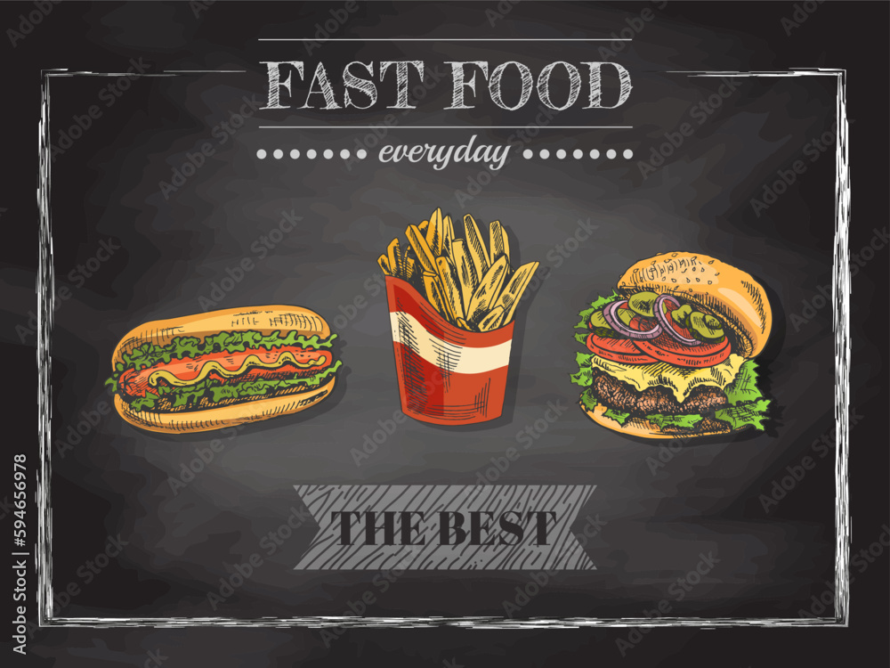 Fast food menu. Vintage vector illustration. Hand-drawn sketch ...