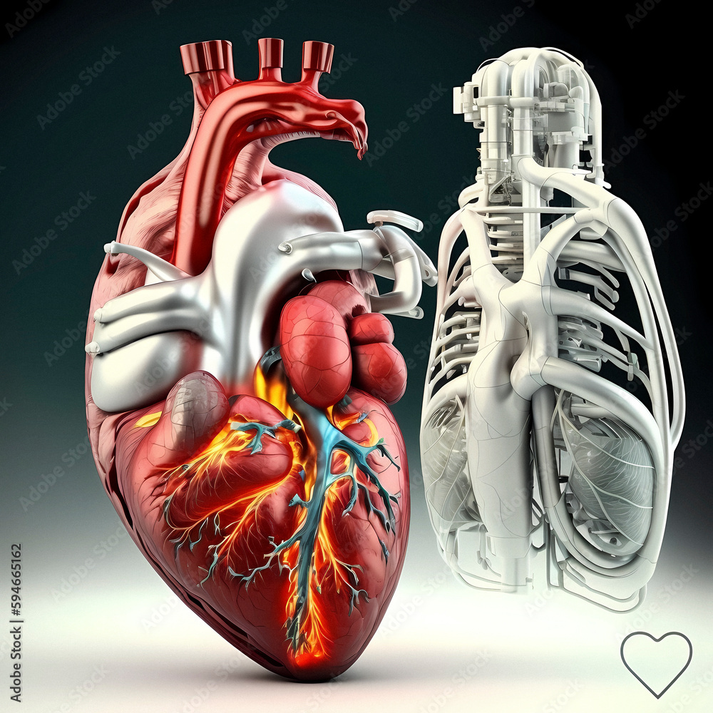 Cardiac surgery , human heart with cells and arteries, heart attack ...