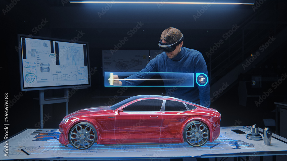 Automotive Engineer Wearing Virtual Reality Headset Working on 3D Electric Car Design, Using ...