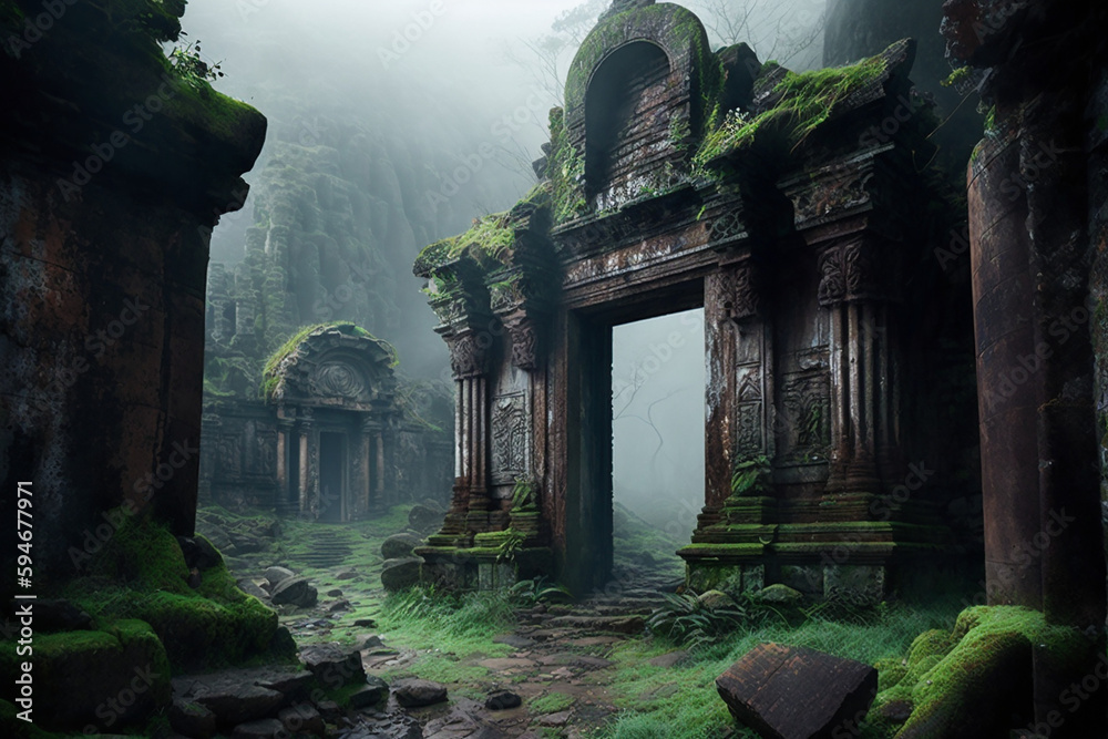Mystery ancient civilization stone temple ruins in mist Stock ...