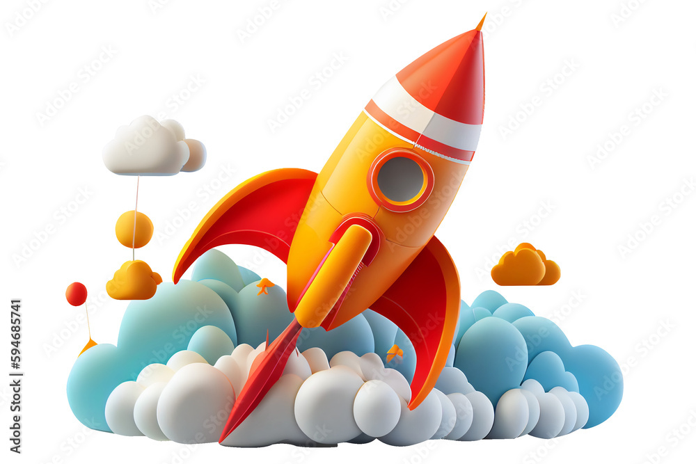 Shuttle launch 3D rocket in space and clouds Business startup and business growth concept ...