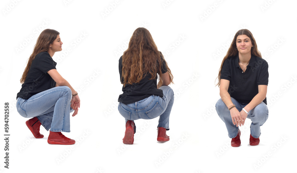 side, front and back view same young girl long-haired squatting on ...